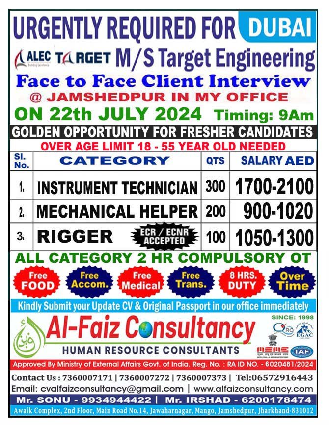Urgent Requirement for DUBAI M/S TARGET ENGINEERING COMPANY – Client Interview At Jamshedpur on ...