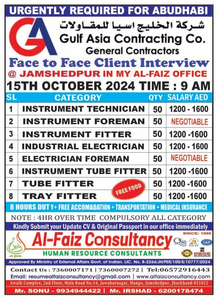 Urgent Requirement for ABUDHABI M/S GULF ASIA COMPANY – Client Interview At Jamshedpur on 15 ...