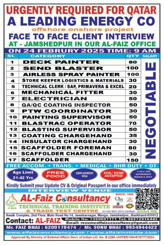 Urgent Requirement for QATAR ENERGY COMPANY – Client Interview At Jamshedpur on 24th FEBRUARY ...