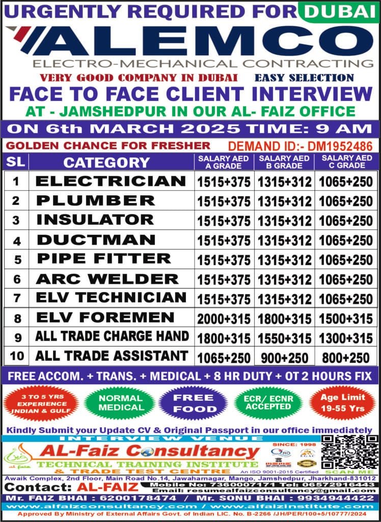 Urgent Requirement for DUBAI ALEMCO COMPANY – Client Interview At Jamshedpur on 6th MARCH 2025 ...