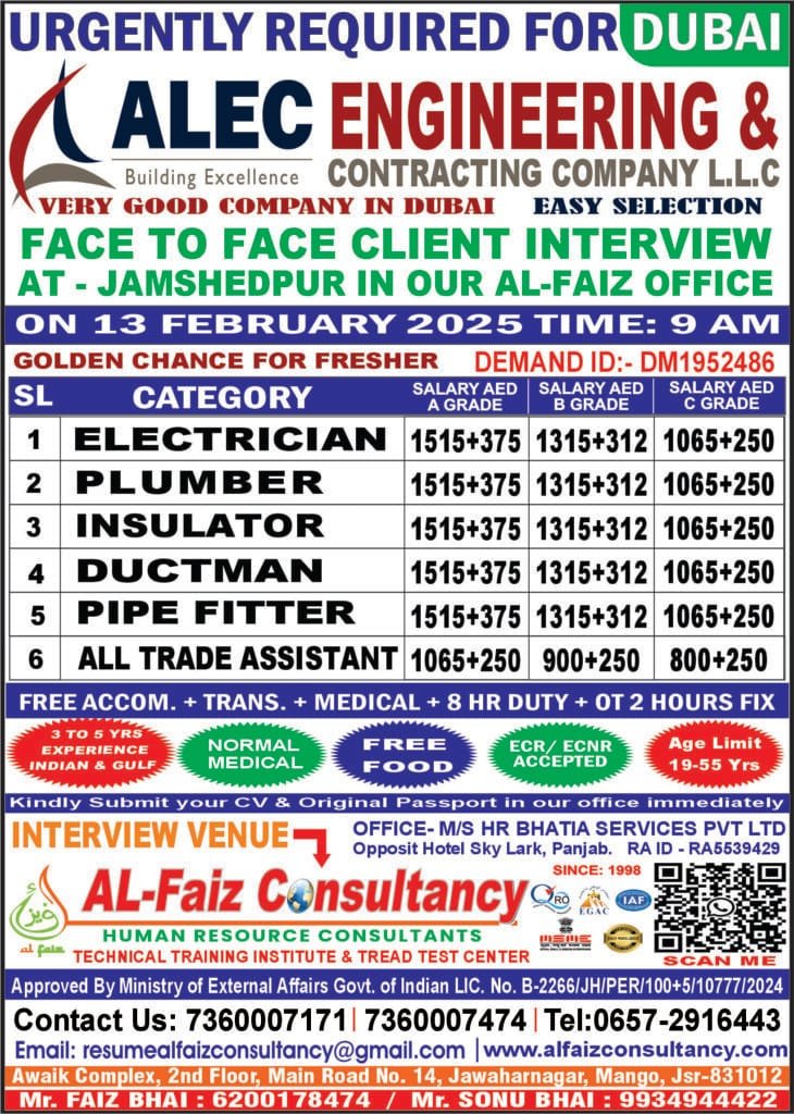 Urgent Requirement for DUBAI ALEC & ALEMCO COMPANY – Client Interview At Jamshedpur on 13th ...