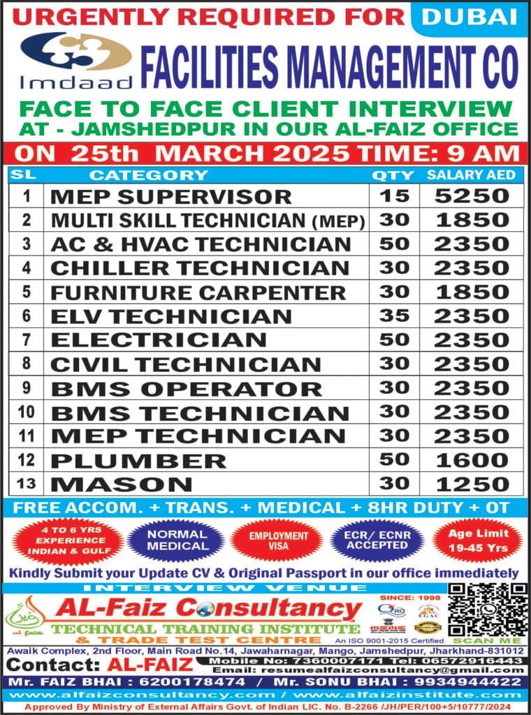 Urgent Requirement for DUBAI IMDAAD COMPANY – Client Interview At Jamshedpur on 25th MARCH 2025 ...