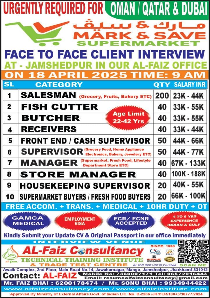Urgent Requirement for DUBAI ALEMCO COMPANY – Client Interview At Jamshedpur on 18th APRIL 2025 ...