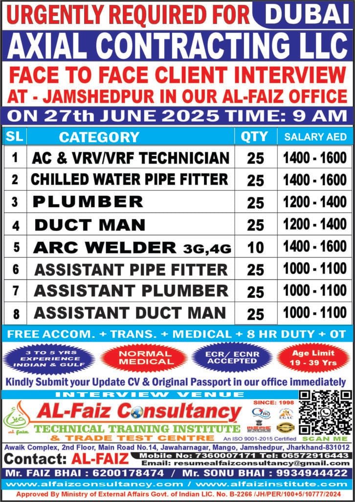 Urgent Requirement for DUBAI AXIAL COMPANY – Client Interview At Jamshedpur on 27 JUNE 2025 ...